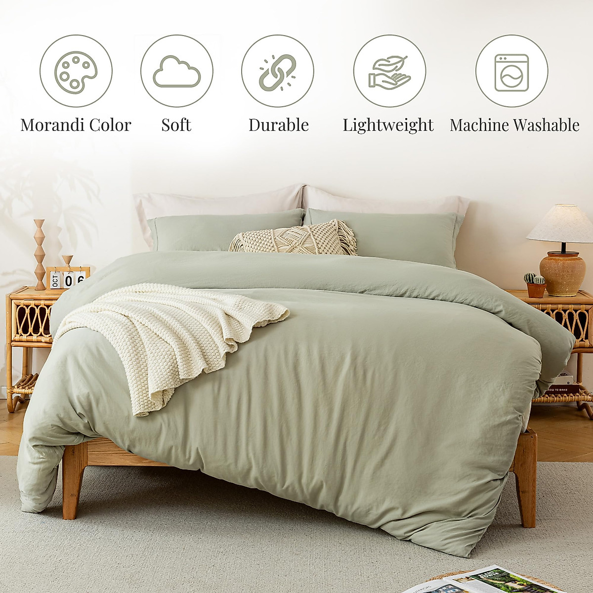 MILDLY Super Soft Duvet Cover - 100% Washed Microfiber October Mist Sage Comforter Cover Set 3 Pieces with Zipper Closure & Corner Ties (No Comforter)