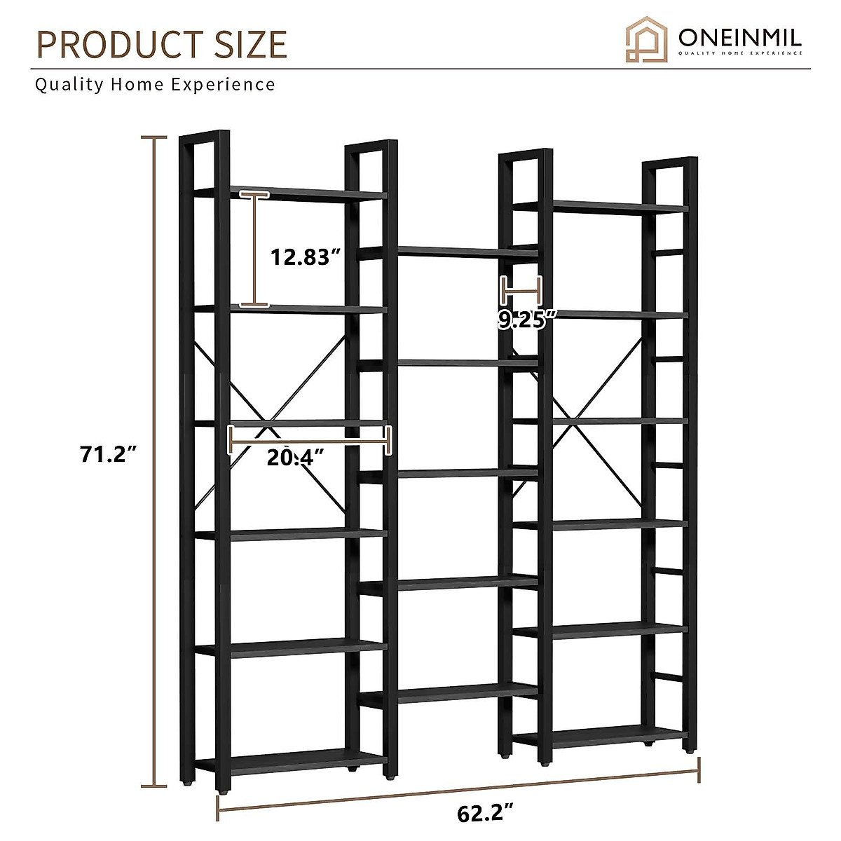 oneinmil Triple Wide 6-Shelf Bookcase Industrial Vintage Wood Style Large Open Bookshelves for Home&Office, Rustic Brown (6 Tier,Black)