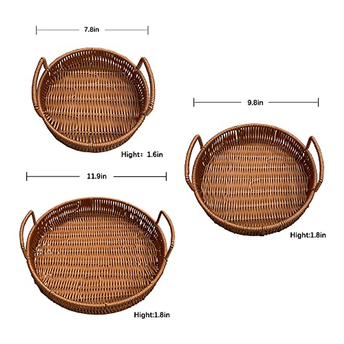 3 Pack Woven Serving Tray with Handles, Imitation Rattan Woven Tray, Hand-Woven Tray,Woven Basket, Storage Basket, Round Double Handle (Imitation Rattan, Brown)