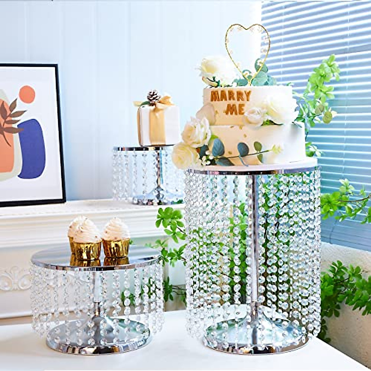 3pcs/Set Cake Stand with Metal Mirrored, Round Wedding Cake Stand Silver, Bling Cake Stand Trays for Wedding Table, Baby Shower, Birthday, Anniversary