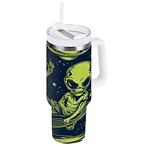 Nesatuwa 40 oz Cute Aliens Tumbler with Handle and Straw Lid,Reusable Stainless Steel Vacuum Insulated Tumbler Leakproof Travel Coffee Mug for Iced and Hot Beverages