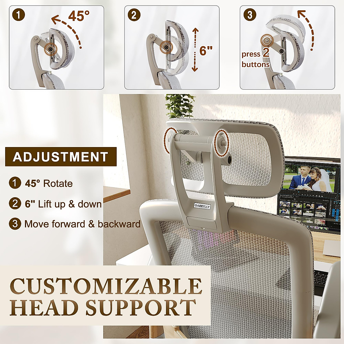 GABRYLLY Ergonomic Office Chair, High Back Home Desk Chair with Flip-Up Arms, Headrest, 90-120° Tilt and Wide Cushion, 400LBS White Mesh Chair for Work Gaming Study (GY01-NT, Woodgrain Pattern)