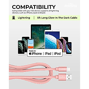 LIQUIPEL Powertek Glow MFi Certified Charger Compatible for Apple iPhone, iPad, 5ft Cable, Lightning to USB Cable Cord, Fast Charging Lightning Cable (Pink)