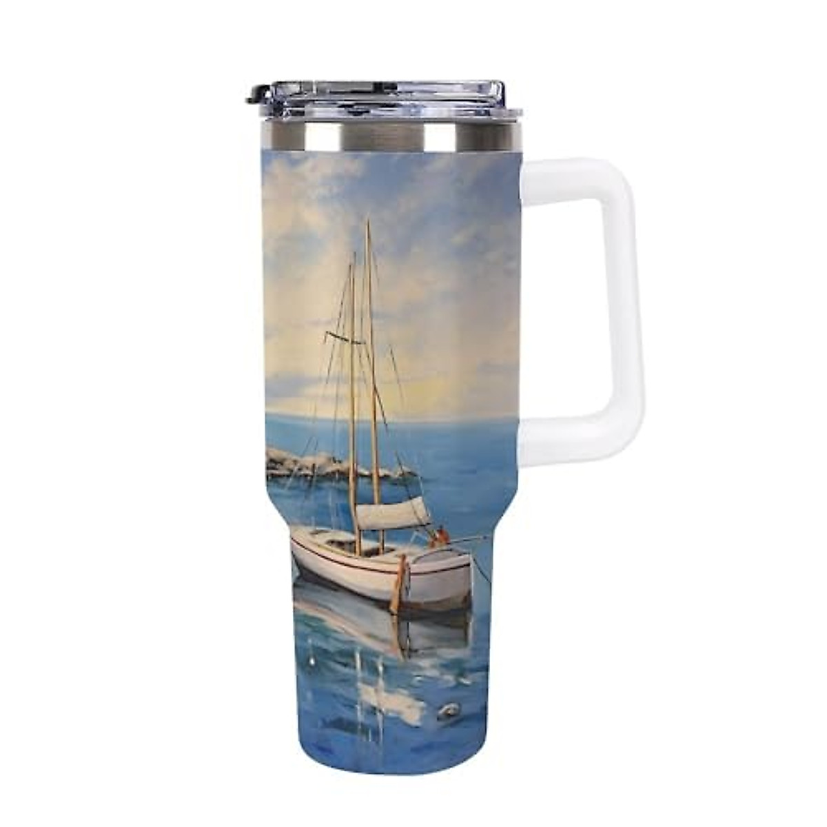 40 Oz Romantic Entitled Seaport Insulated Stainless Steel Tumbler with Handle & Straw Lid, Reusable Travel Cupholder Friendly Mug for Coffee, Water, Tea