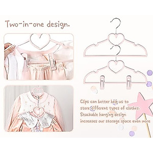 Kids Pink Velvet Clips Hangers - 13inch 50 Pack Toddler Hanger with 20pcs Movable Clips, Stackable Non-Slip Heart Flocked Hangers Fit for Baby and Children Clothes, Heavy-Duty and Space-Saving(Silver)