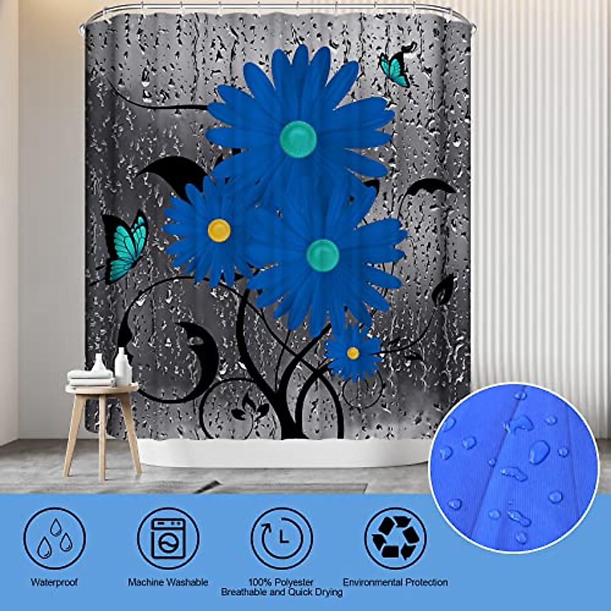 ALEXEX 4Pcs Blue Daisy Shower Curtain Sets with Non-Slip Rugs, Toilet Lid Cover and Bath Mat, Floral Butterfly Bathroom Decor Set Accessories Waterproof Shower Curtains with 12 Hooks, 72 x 72 Inch