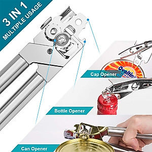 Can Opener Manual, Professional Food-Safe Stainless Steel Can Opener, Easy to Use for Kitchenaid, Can Opener/Jar/Bottle Opener with Smooth Edge(2 Spare Blades)