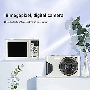 Digital Camera 18MP 2.7-Inch LCD Screen 8X Digital Zoom FHD 1080P Digital Camera Compact Camera Students Boys Girls Gift Support Connect to Computer Print (White)