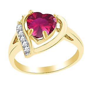 AFFY Heart Shape Simulated Ruby & White Cubic Zirconia Heart Promise Ring in14k Yellow Gold Over Sterling Silver Ring Size-8