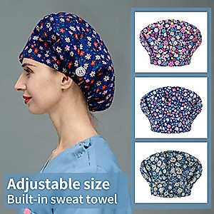 niaahinn 4PCS Adjustable Bouffant Scrub Hats with Button & Sweatband Cotton Working Cap Cartoon Printing Nurse Hats (32001-32077-32096-32109)