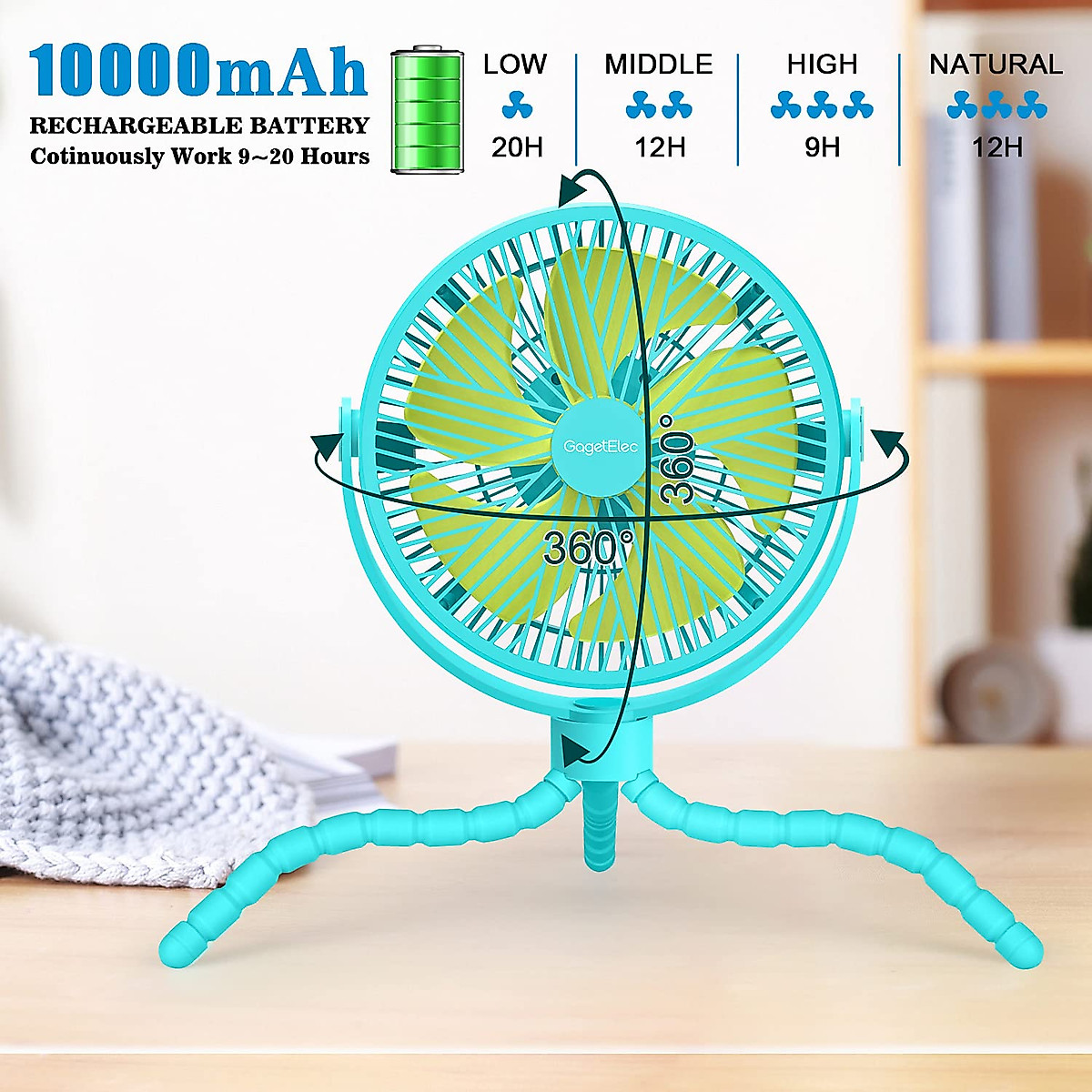 GagetElec 8-Inch Stroller Fan for Baby,10000mAh Personal Portable Fan 4 Speeds Car Seat Baby Fan with Flexible Tripod Fix on Stroller,Car Seat,Golf Cart