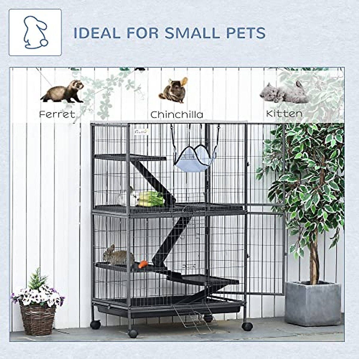 PawHut 50" H 5-Tier Small Animal Cage, Ferret Cage, Large Chinchilla Cage with Hammock Accessory Heavy-Duty Steel Wire, Small Animal Habitat with 4 Doors, Removable Tray