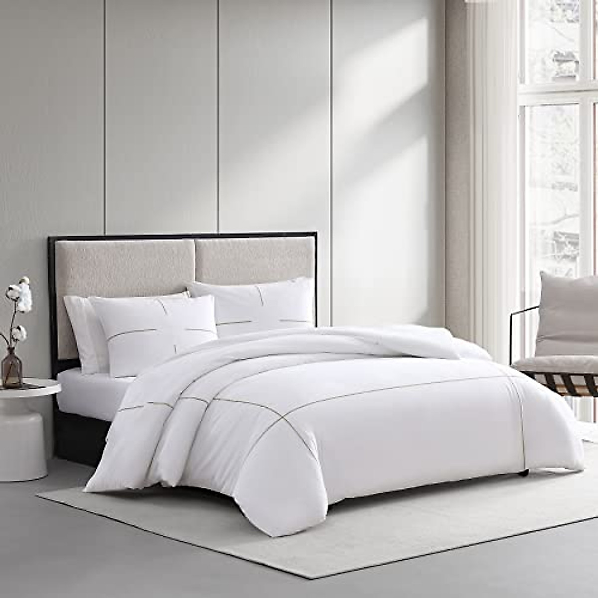 Vera Wang- Queen Duvet Cover Set, Reversible Cotton Bedding Set with Matching Shams, Designer Home Décor (Zig Zag White/Beige, Queen)