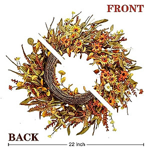 Sggvecsy Artificial Fall Wreath 22’’ Autumn Front Door Wreath Harvest Wreath with Orange Daisy Ear of Wheat Mixed Flowers and Leaves for Outside Indoor Wall Window Festival Thanksgiving Autumn Decor