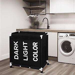 ZOES HOMEWARE Laundry Sorter 3 Section, 170L Laundry Cart with 3 × 15 Gal Compartment Laundry Hamper, Divided Laundry Separator, Laundry Basket Organizer, Black Laundry Hamper on Wheels