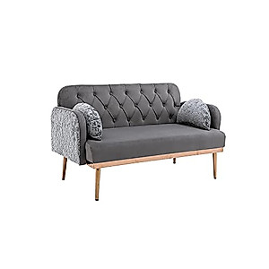 NALLBEIRRAA 56" Accent Sofa, Mid Century Modern Velvet Fabric Couch with 2 Pillow, Velvet Sofa, Loveseat Sofa, Recliner Couch with Gold Metal Feet for Living Room, Bedroom (Grey)