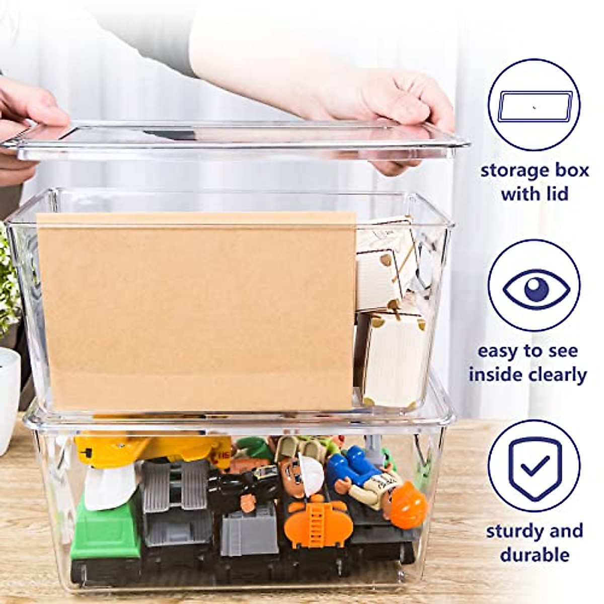 HANSGO Refrigerator Organizer Bins with Lid, 4PCS Stackable Organizer Basket Bins with Handles Clear Plastic Pantry Organizer and Storage Bins for Fridge Kitchen Bedroom Office