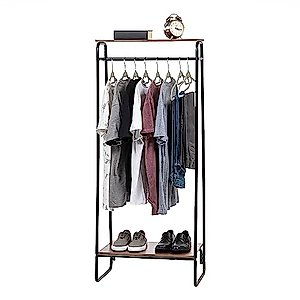 IRIS USA, Inc. Clothing Rack, Clothes Rack with 2 Wood Shelves, Freestanding Clothing Rack, Easy to Assemble Garment Rack, Standing Metal Sturdy Clothing Rack, Small Space Storage Solution, Black