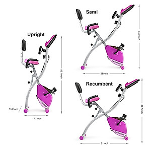Folding Exercise Bike Portable Upright Adjustable Backrest Cycling Recumbent Stationary Bike Slim Indoor Workout Fitness Cardio Foldable Exercise Bicycle Machine with Pulse Sensor LCD Monitor Arm