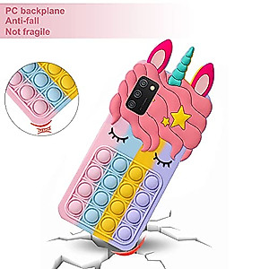 B-wishy Fidget Toys Stress Relief Phone Case for Samsung Galaxy A02S,A03S, with Strap,Push Pop Bubble 3D Cartoon Funny Cute Silicone Cover for Girls Kids Teen, Aesthetic Color Bubble Case-Rainbow