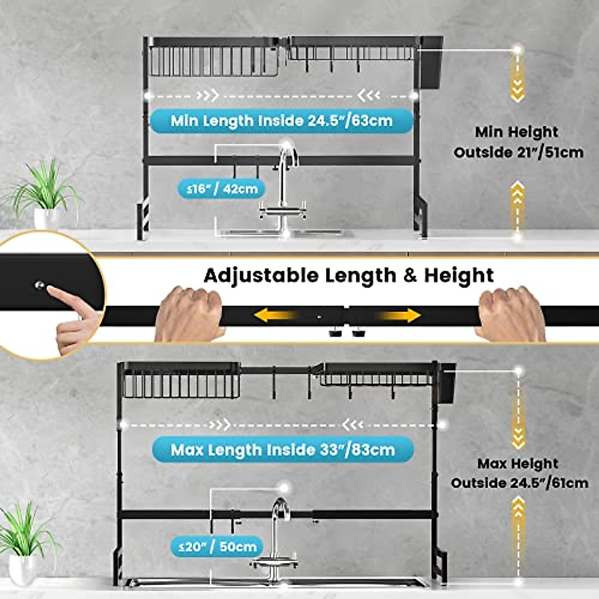 MERRYBOX Over The Sink Dish Drying Rack, SS65-03 Adjustable Length (25.6-33.5in) and Height Over Sink Dish Rack, Dish Drainer with Dishware Holder & Hooks for Kitchen Sink Organizer Space Saver