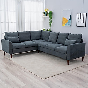 Panana Sectional Sofa Couch,Linen Fabric Couches for Living Room,L Shaped Couch, L Shaped Couch with USB Chaise (Grey - Curved Arm, 6 Seats Corner L Shape Sofa)