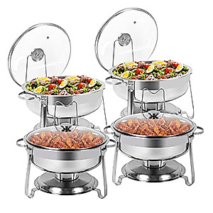 BriSunshine 4 Packs Round Chafing Dish Buffet Set, 4 QT Stainless Steel Chafing Dishes with Glass Lid & Lid Holder, Catering Food Warmers for Parties Buffet Weddings Events