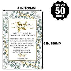 50 Thank You Place Cards - Greenery Watercolor Wedding, Rehearsal Dinner Thank You Table Sign - Menu Place Setting Card Notes, Wedding Table Decorations. 4 x 6 Inch