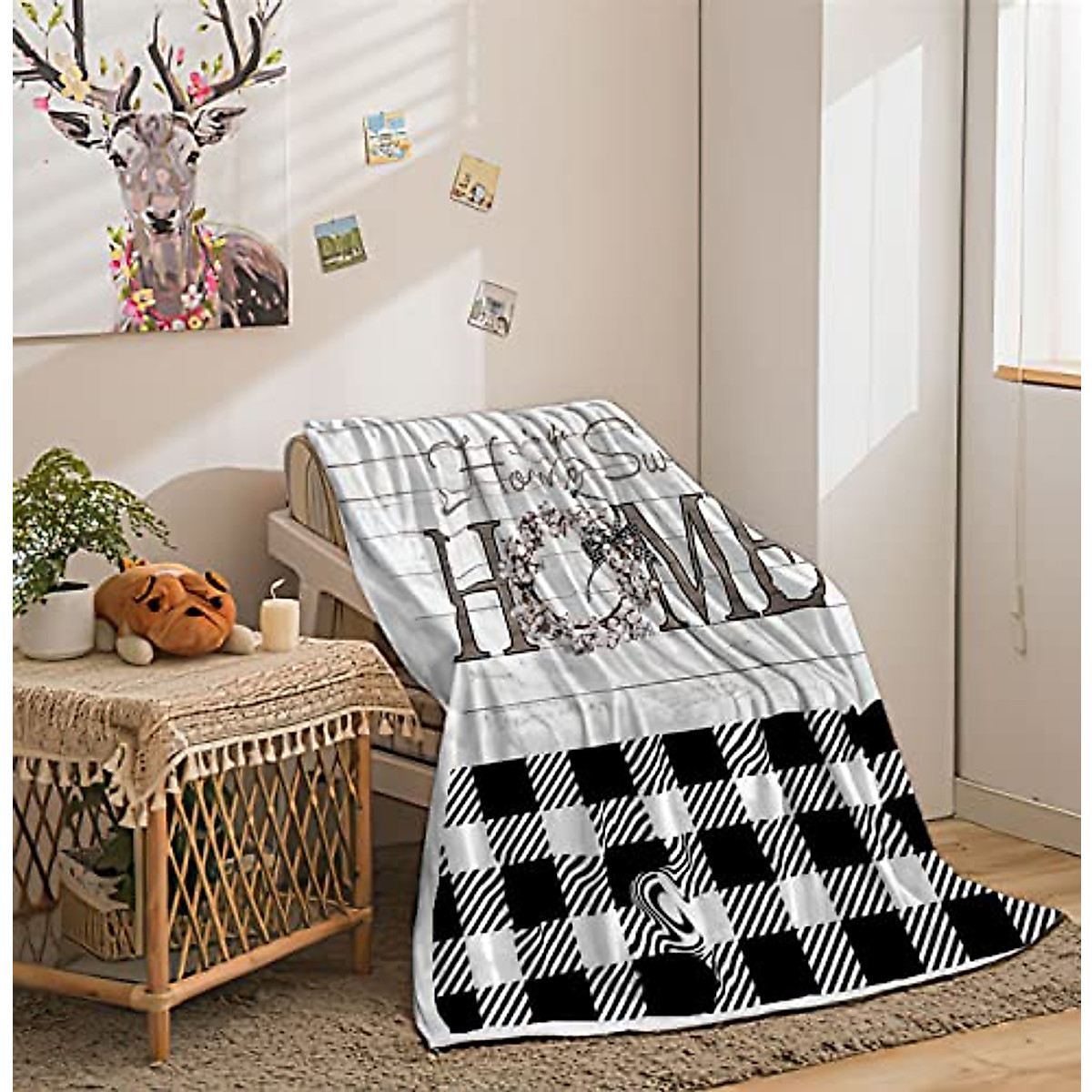 Black White Buffalo Check Plaid Chunky Throw Blanket for Couch Bedroom Bedding Decor Office, Rustic Floral Farmhouse Soft Thick Flannel Bed Blanket Decorations (640 Grams 50X60 Inches)