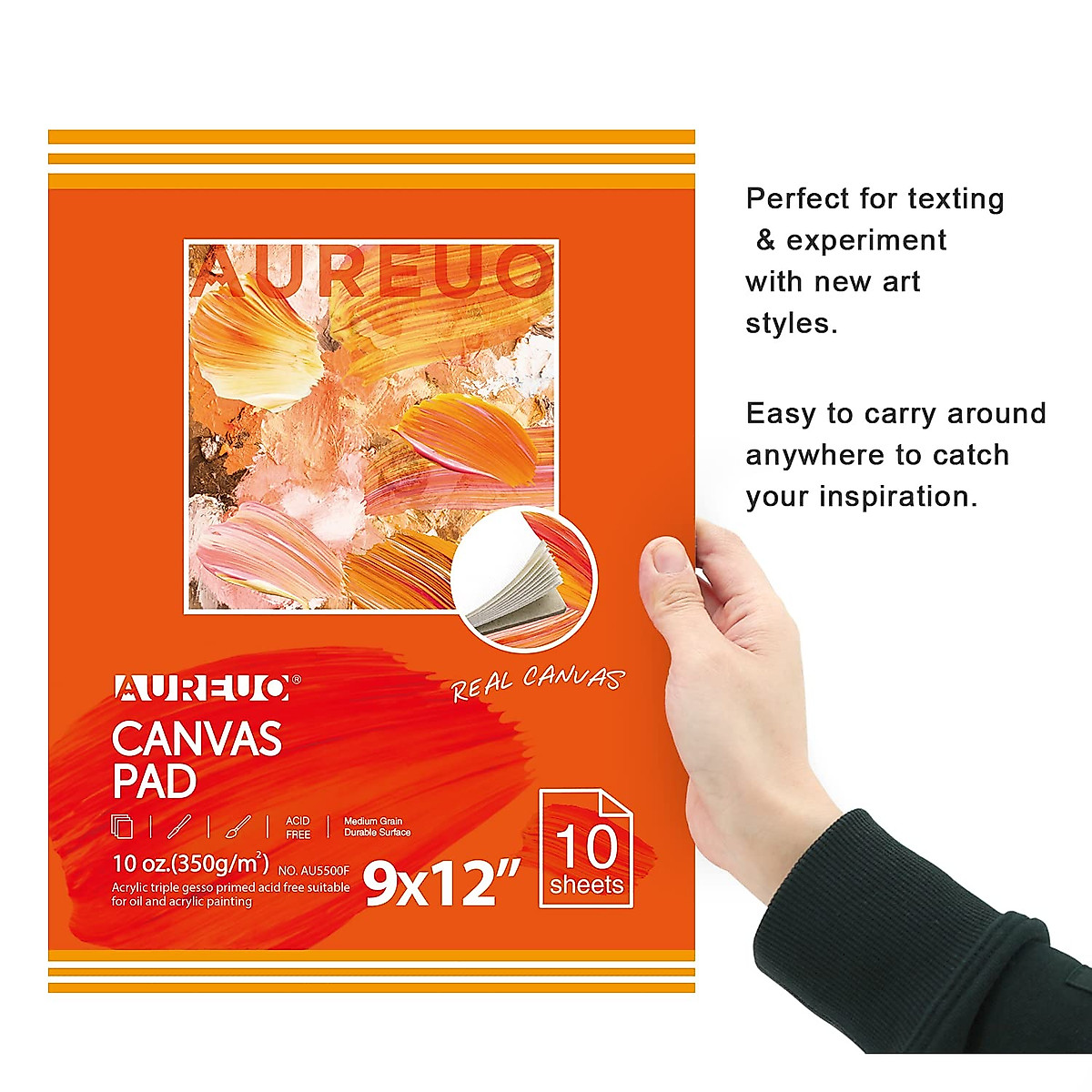 AUREUO Canvas Pad for Painting 10 Sheets, 10 Oz. - 9x12 Inch, 1 Pack - Triple Primed Glue Bound Cotton Canvas Paper for Oil and Acrylic Paints Art Supply for Mixed Media Painting