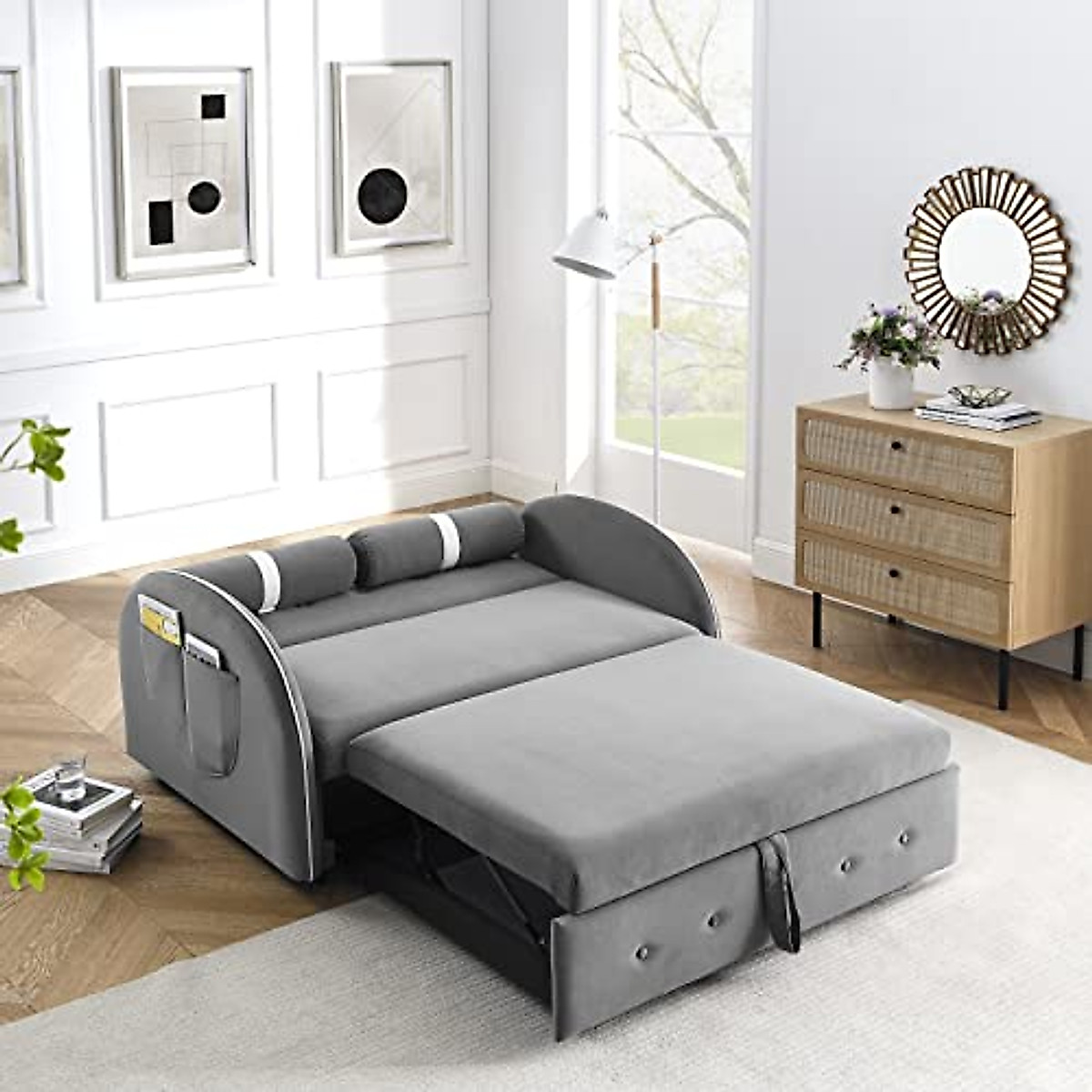 Ucloveria Convertible Sleeper Sofa Bed, Loveseat Futon Sofa Couch w/Pull Out Bed w/ 2 Side Pockets, Creative Curved Armrest Velvet Adjustable Backrest with 2 Pillows for Living Room, Grey