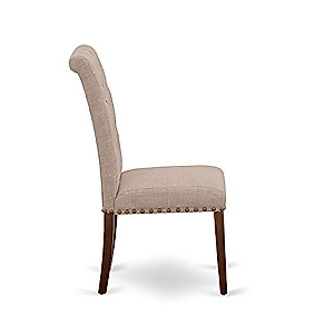 East West Furniture DOBR7-MAH-04 Nook Kitchen Set-Light Fawn Linen Fabric Button-tufted Parsons Chairs-Mahogany Finish 4 legs Hardwood Butterfly Leaf Rectangular Wood Dining Table and Frame, 7-Pc