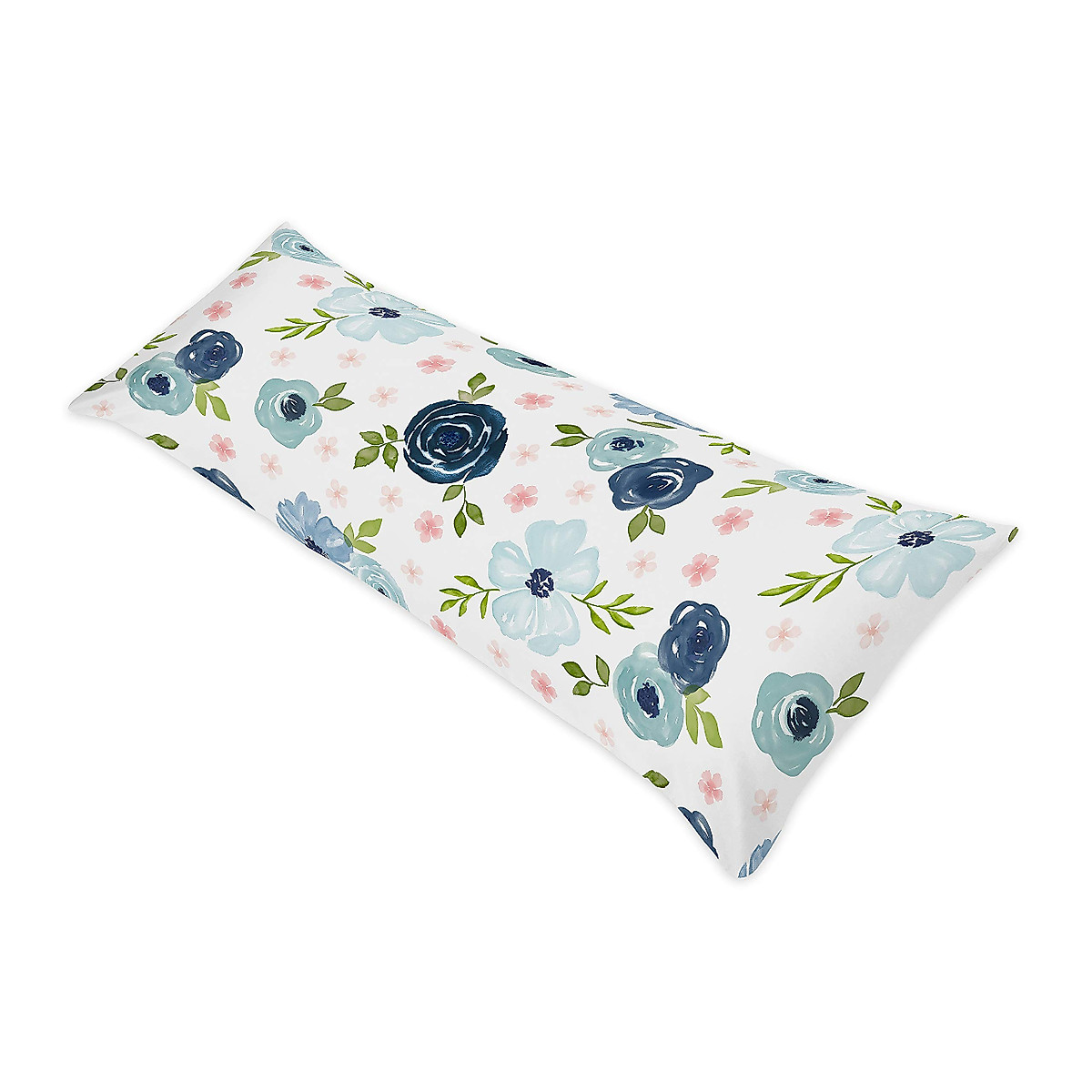 Sweet Jojo Designs Navy Blue and Pink Watercolor Floral Body Pillow Case Cover (Pillow Not Included) - Blush, Green and White Shabby Chic Rose Flower Polka Dot