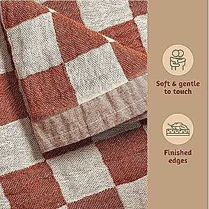 Folkulture 100% Cotton Throw Blanket, Rust Checks, 50x60in, Soft, Lightweight, Travel, Napping, All Seasons, Machine Wash