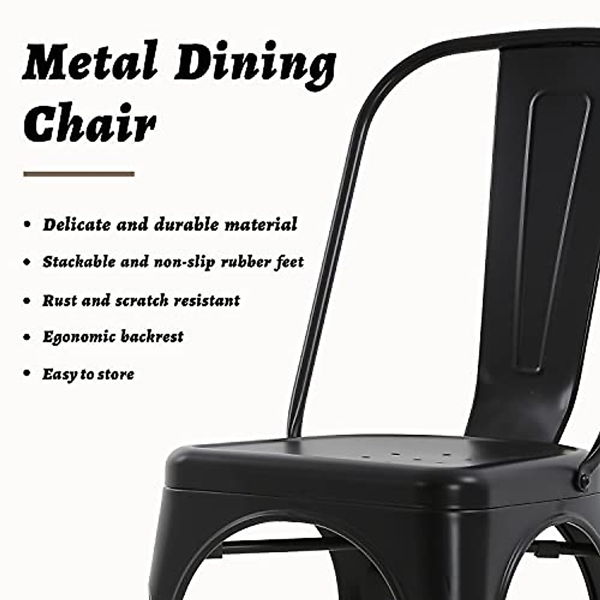 HCY Dining Chairs, Metal Chairs Set of 4 Stackable 18 Inches Height Dining Room Chair with High Backrest for Kitchen Patio Restaurant Indoor Outdoor (Black)