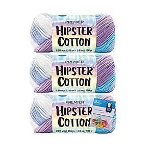 Premier Yarns Hipster Cotton Yarn - 3.5 Oz - #3 DK Light Weight - 3 Pack Bundle with Bella's Crafts Stitch Markers (Blue Raspberry)