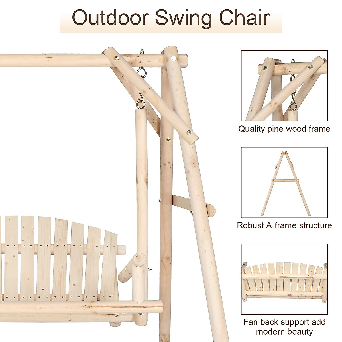 VINGLI Heavy Duty 880 LBS Wooden Patio Porch Swing with A-Frame Stand, Hanging Swing Bench Chair with Frame for Outside, Yard, Garden (Natural)