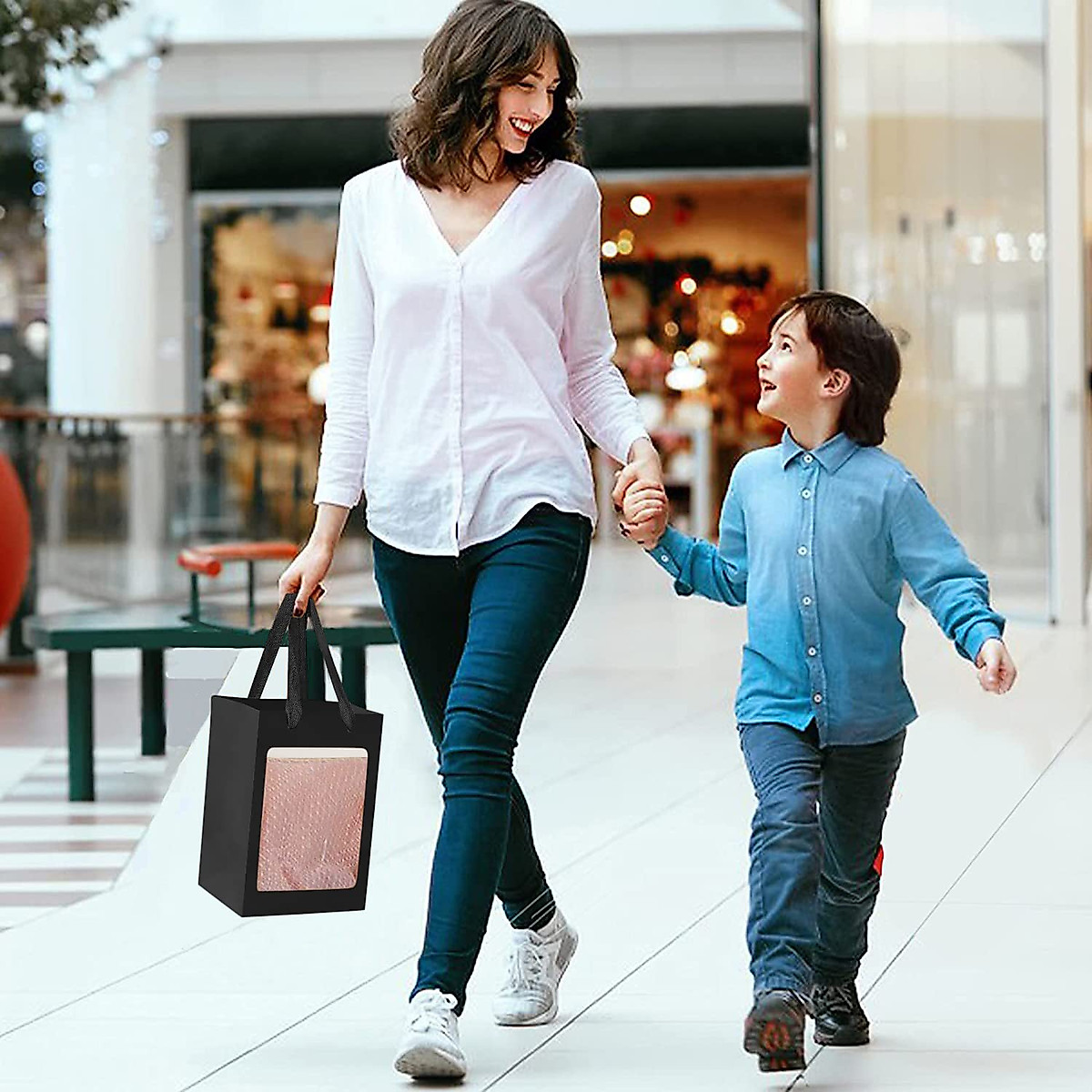 12 Pcs Black Kraft Paper Gift Bags with Transparent Window, 9.84"x7.0"x5.12" Kraft Shopping Bags with Handles for Present, Festivals Party