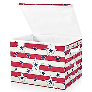 Oyihfvs American Patriotic Blue Stars Red Stripes Independence Memorial Foldable Cube Storage Basket Collapsible Fabric with Lidded Sturdy Handles Organizer Box for Home Bedroom 16.5 x 12.6 x 11.8 in