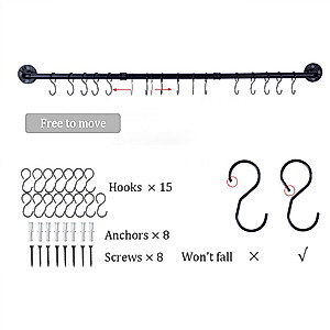 WuGeShop 50.4 Inch Pot Bar Rack with 15 Hooks, Pipe Pot Rack Wall Mounted Hanging Pan Organizer, Multipurpose Industrial Rail Kitchen Lids Utensils Hangers