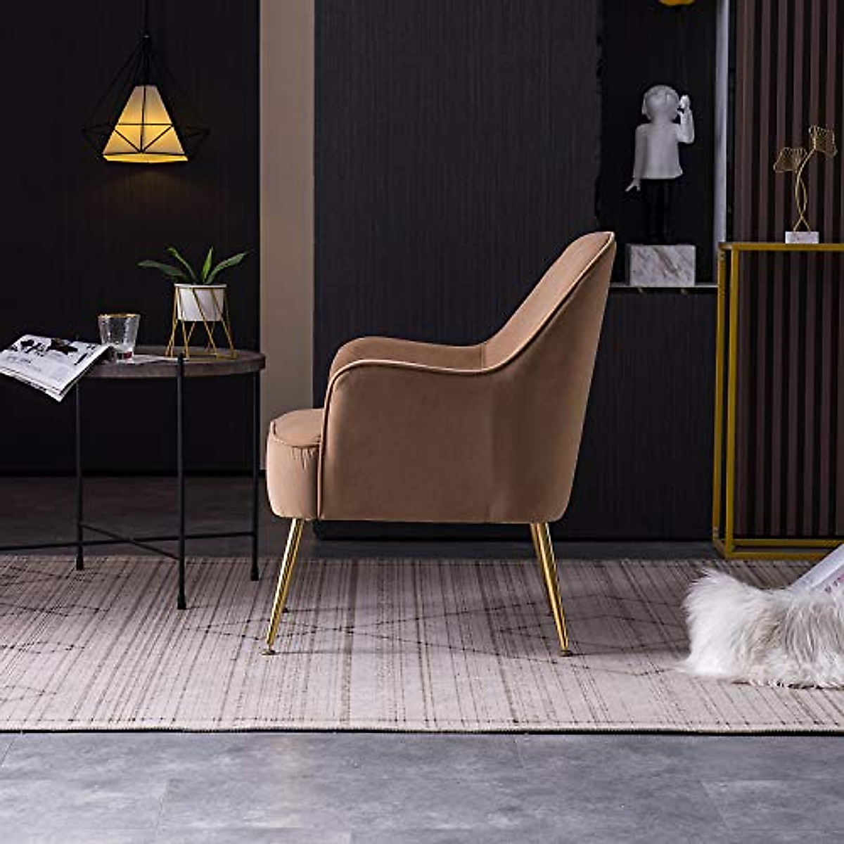 Olela Accent Chair with Arms Upholstered Velvet Side Chairs for Living Room Bedrooms Comfy Decortive Modern Mid-Back Leisure Chair with Adjustable Footpad (Brown)