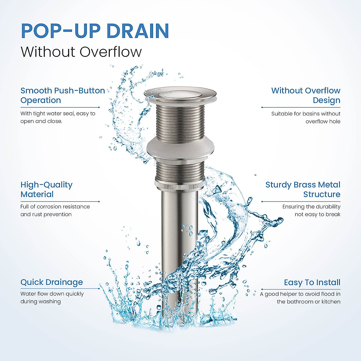 KIBI Bathroom Sink Pop Up Drain Without Overflow (Small Cover) | Lavatory Vanity Drain Stopper (Brushed Nickel) (KPW101)