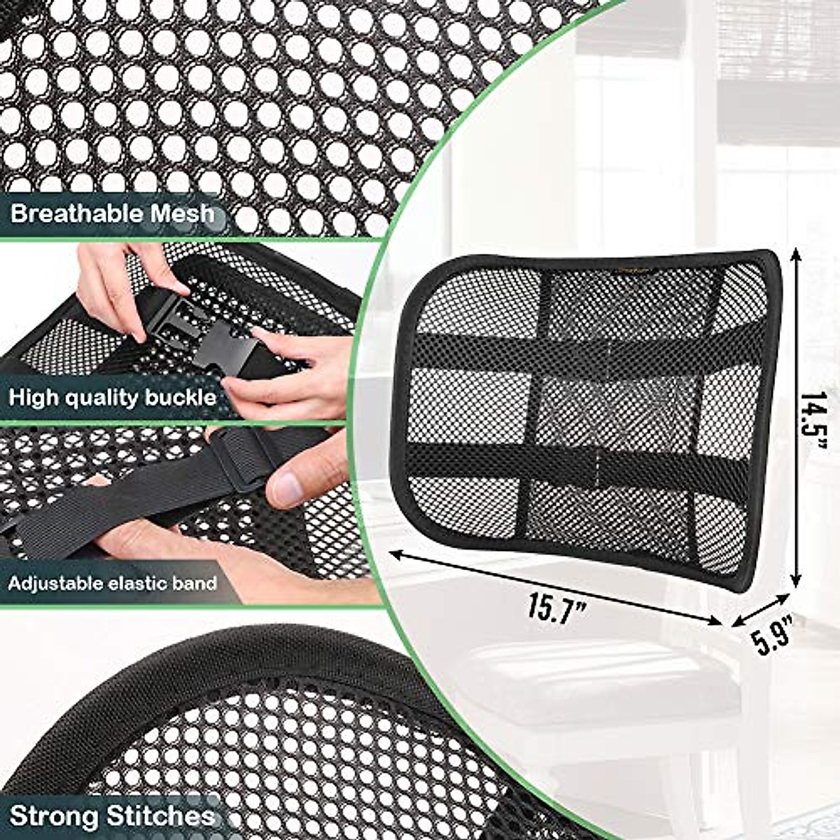 Lumbar Support with Breathable Mesh Layers and Double Sturdy Adjustable Straps, Comfortable Ergonomic Backrest for Office Chair and Car Driver Seat, Posture Cushion and Lower Back Support Pain Relief