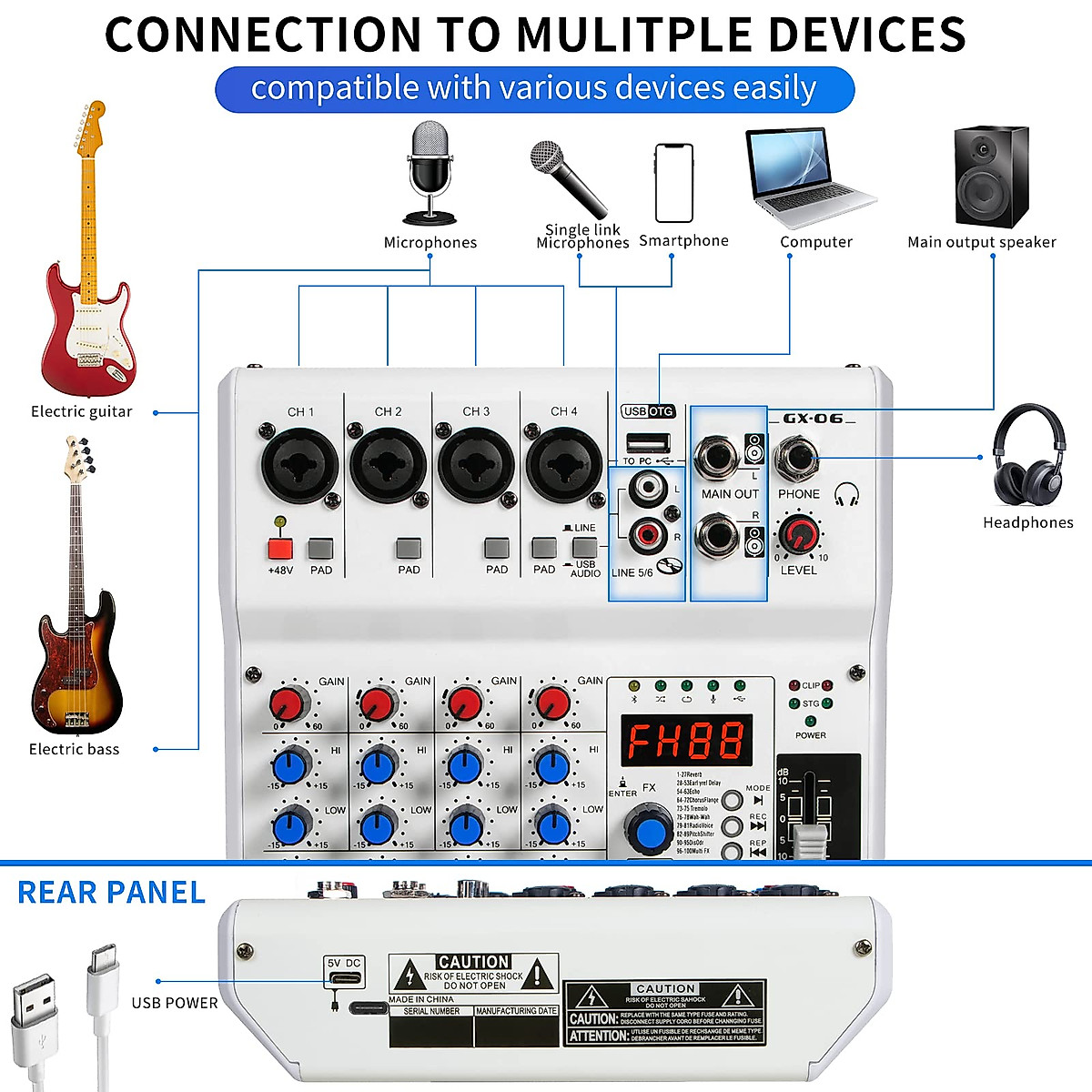 6-Channel Audio Mixer with 99 Sound Effects for PC,Portable Sound Mixing Console with Bluetooth USB Recording Input for Live Streaming,Podcasting,DJ Show