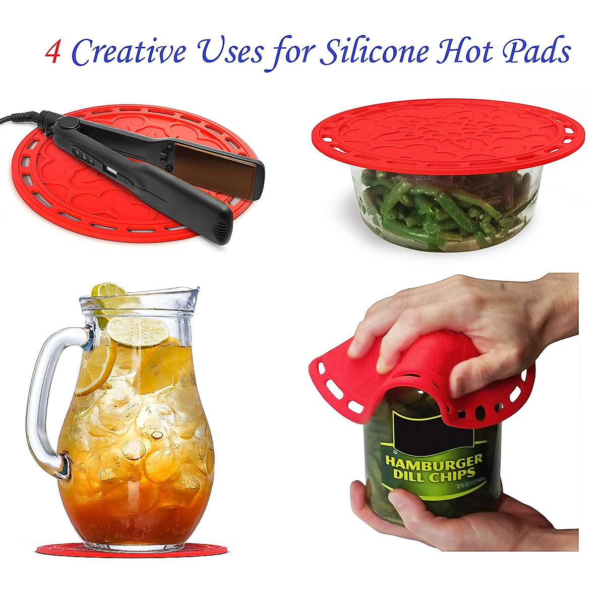 Silicone Hot Pads (Set of 4) - 6 in 1 Multi-Purpose Kitchen Tool, Pot Holder, Splatter Guard, Microwave Cover, Jar Opener, Decorative Trivet, Red, 8 Inches. Includes 121 Cooking Secrets Ebook