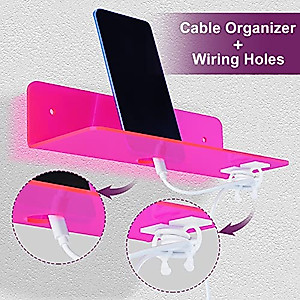 Acrylic Floating Shelves 9 inch 2 Pack Adhesive Wall Shelf for Funko Pop Figure, Plant, Speaker, Small Display Wall Shelves for Bathroom, Bedroom, Gaming Room, Living Room, with Cable Clips - Pink