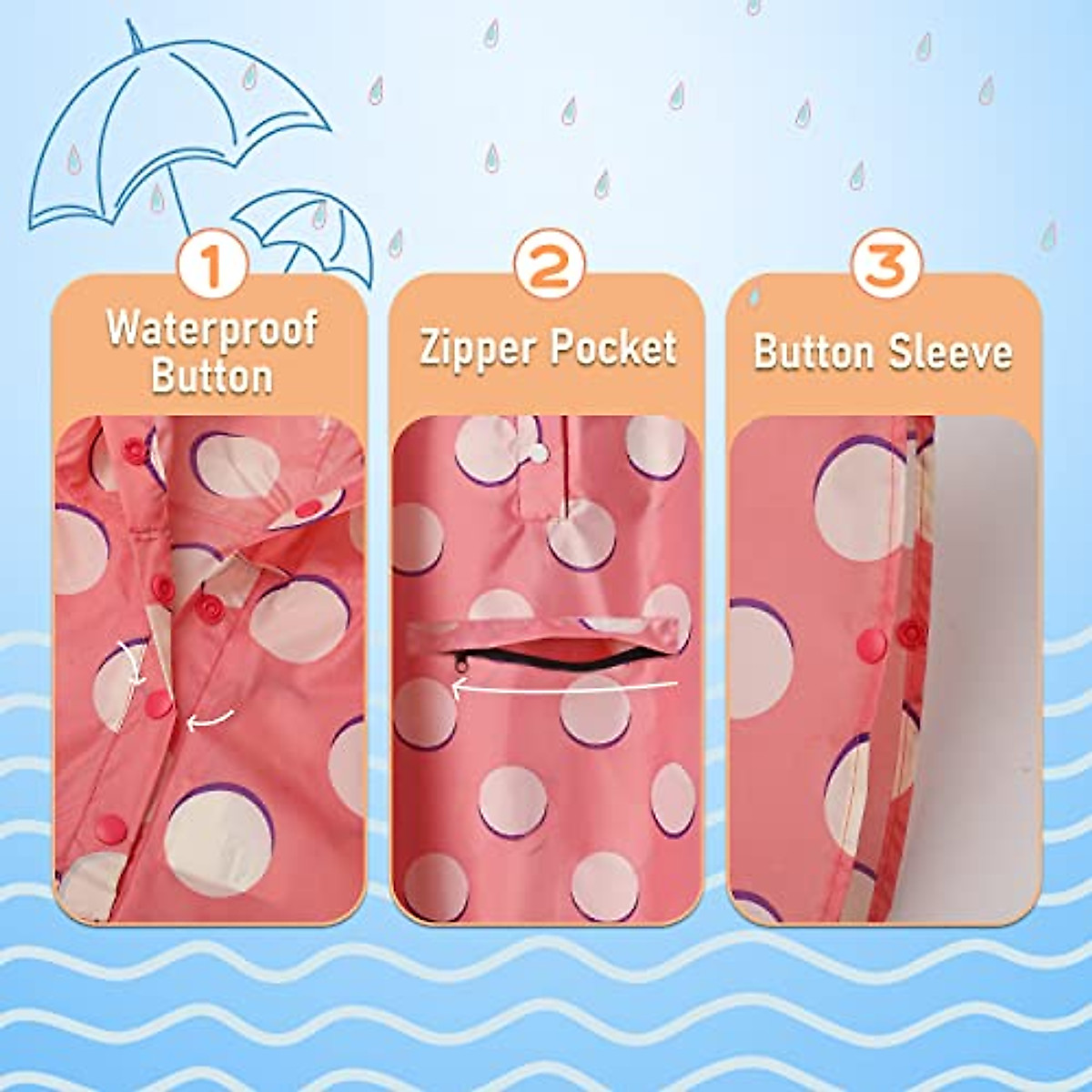 SaphiRose Lightweight Kids Rain Poncho Jacket Waterproof Outwear Rain Coat Pink Polka Dot X-Large