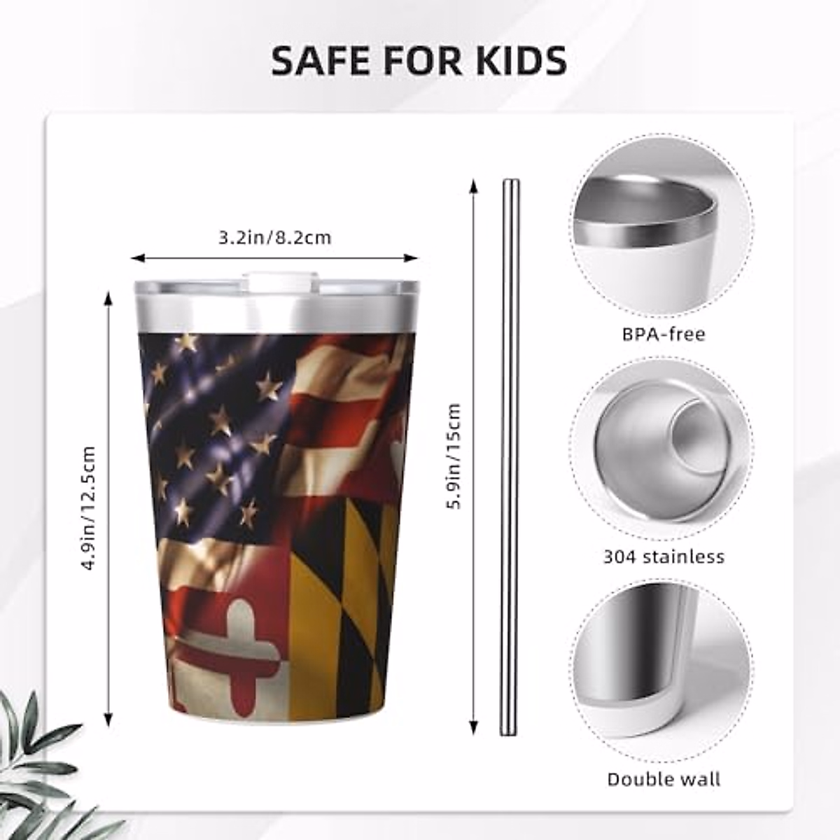 12oz Tumbler Combined Maryland And Usa Flag Stainless Steel Cup With Straw And Lid Spill Proof Bulk Double Wall Vacuum Reusable Water Tumblers For Cold Hot Drink