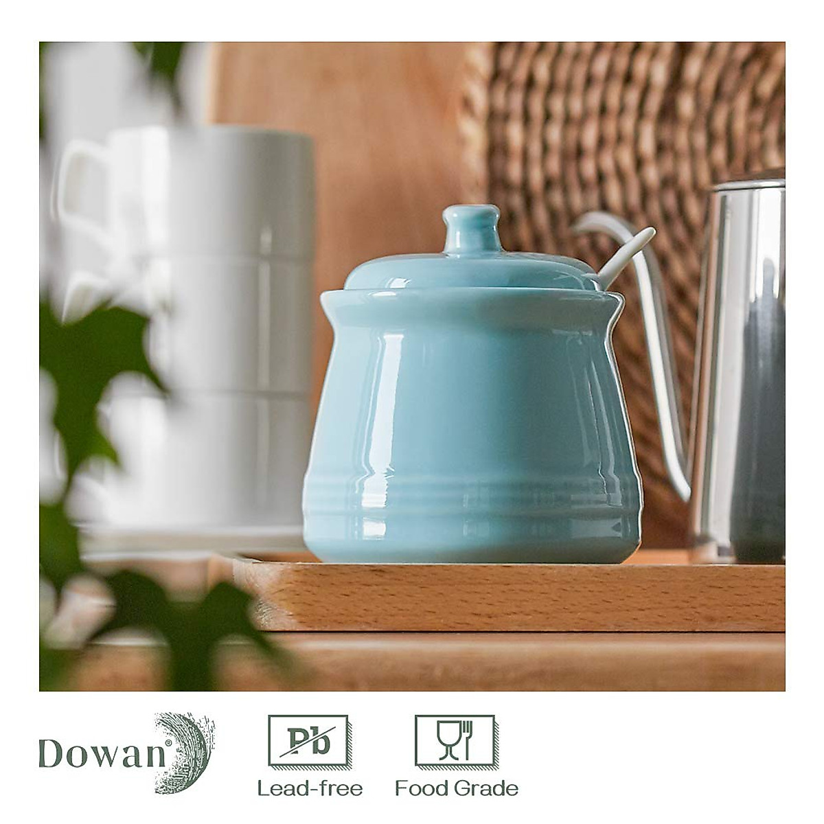 DOWAN Sugar Bowl with Lid and Spoon,12OZ Ceramic Sugar Holder for Coffee Bar, Countertop, Sugar and Creamer Bowl, Kitchen Accessories and Decor, Teal