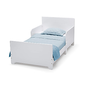 Delta Children MySize Toddler Bed, Bianca White, Dual Sided Recycled Fiber Core Mattress, 2 Attached Guardrails, 50 lbs Weight Capacity, 30 Inches Wide, 20 Inches Deep